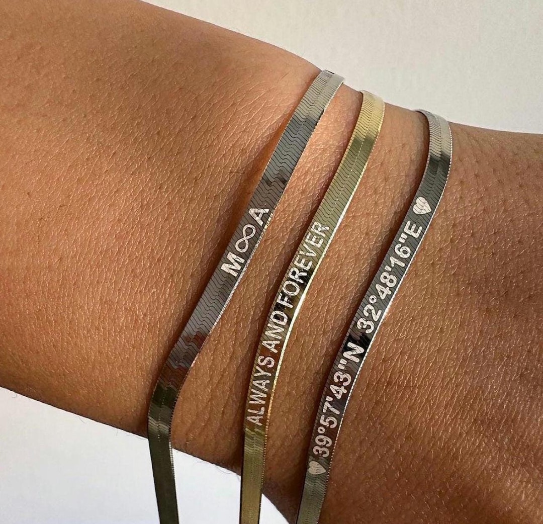 Custom Engraved Coordinates Bracelet, Gold Personalized Bracelet ...