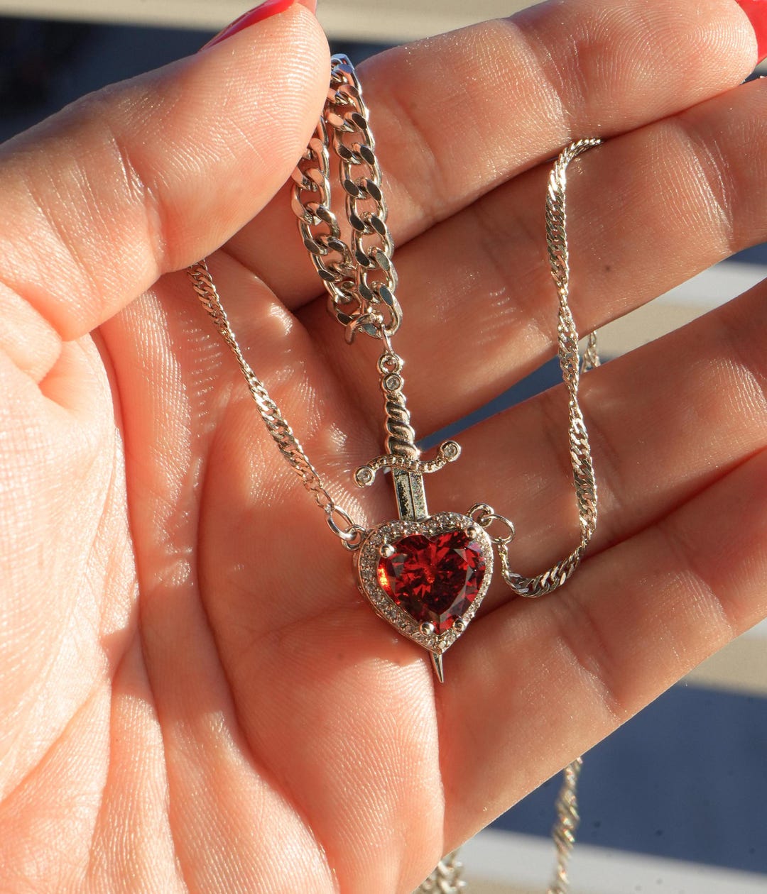 Couples Necklaces, Silver Red Heart and Sword Necklaces, Couples ...