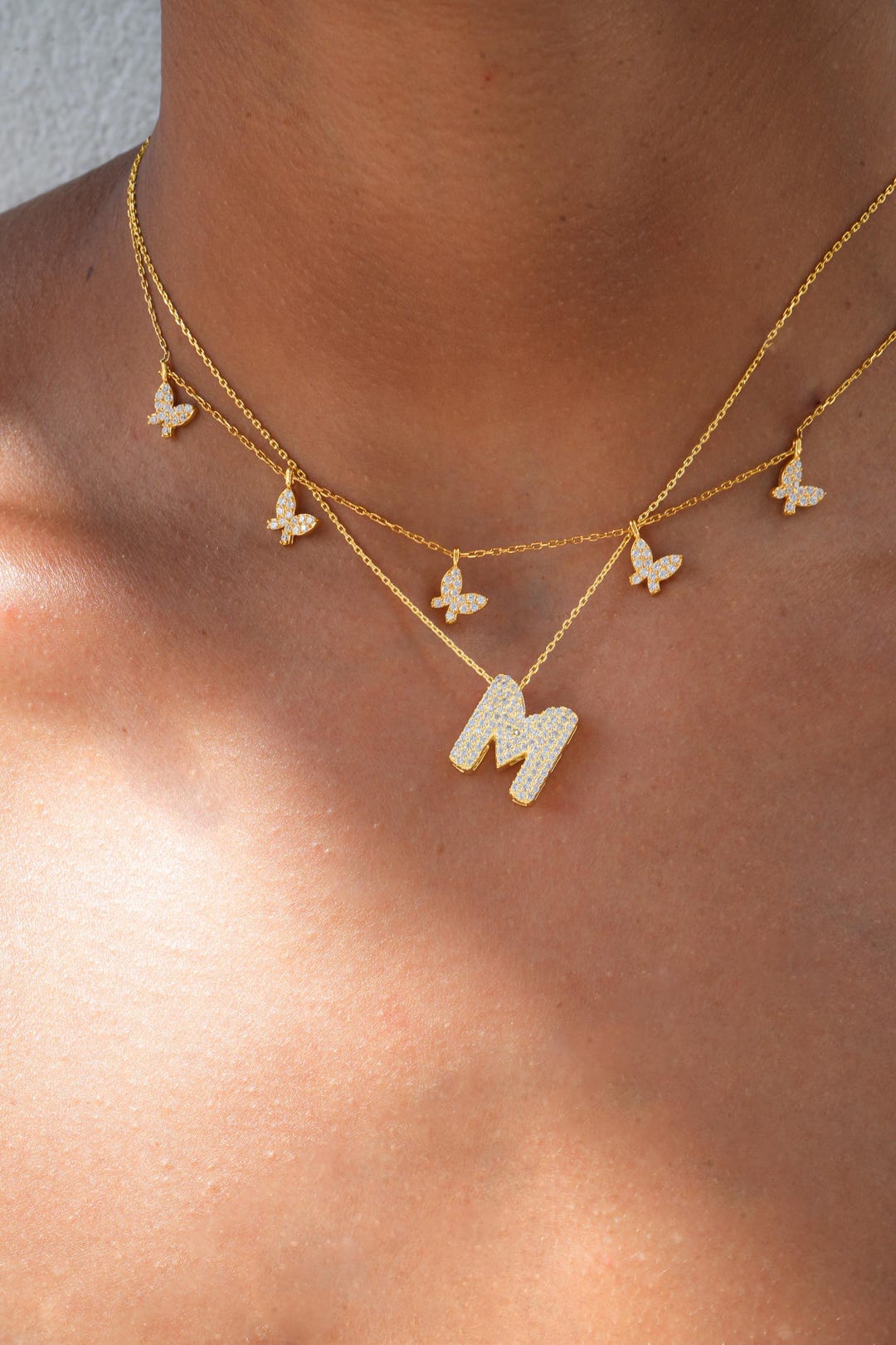 Pave Butterfly Necklace, Bubble Butterfly Necklace, Dainty Tiny ...