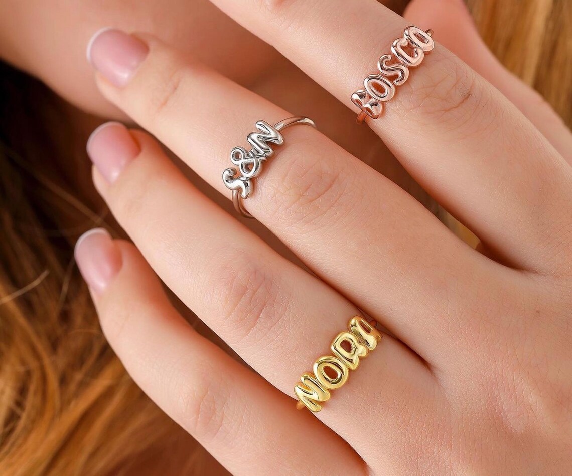 3D Bubble Letters Ring, Mini Bubble Letter Initial Ring, Dainty Kids Name Plate Ring, Dog Name ...