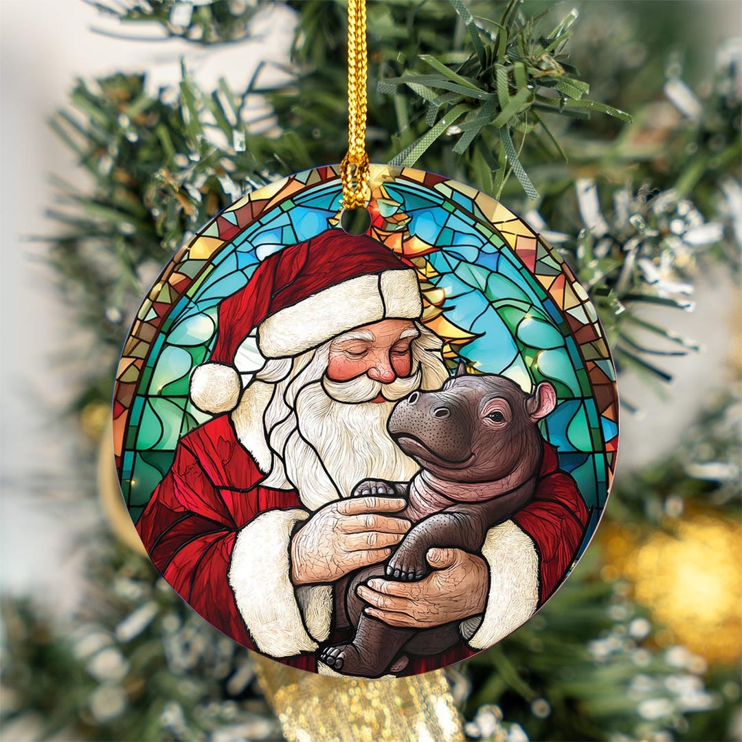 Santa Claus and Moo Deng Christmas Ornament, Hippo Christmas Ornament ...