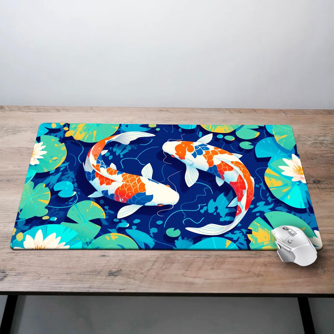 Koi Fish Desk Mat , Lofi Cute Japanese Mouse Pad, Anime Fish Gaming Mat ...