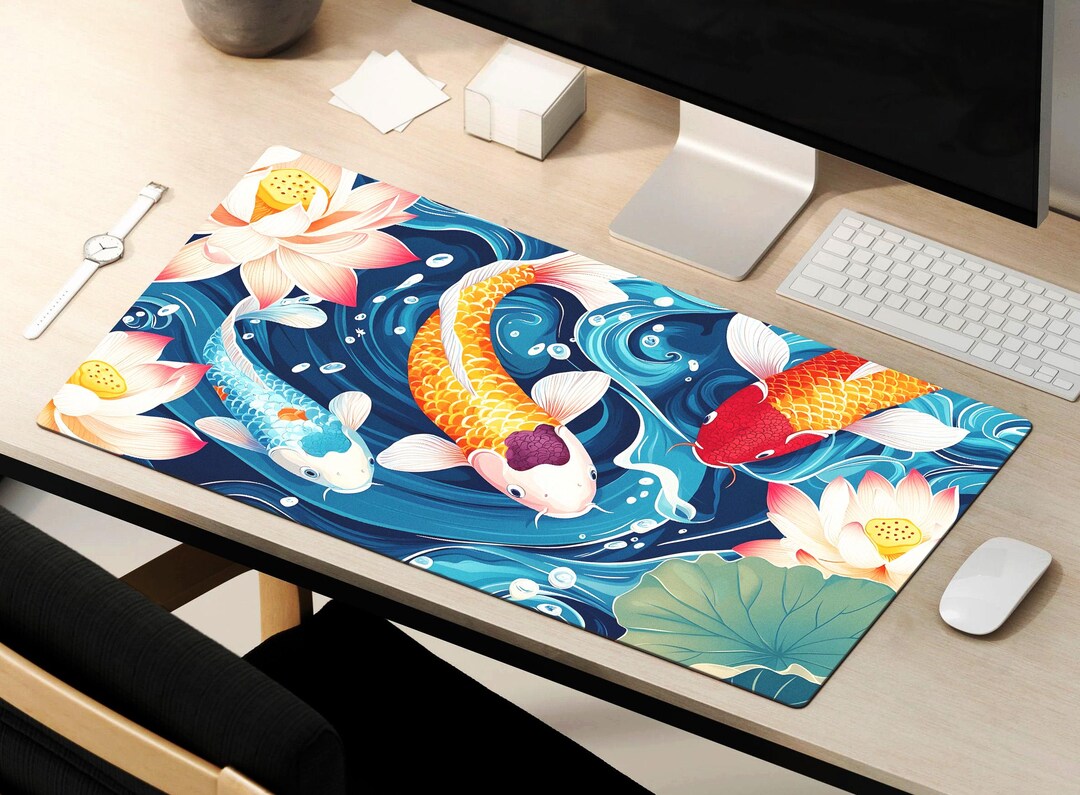 Koi Fish Desk Mat , Lofi Cute Japanese Mouse Pad, Anime Fish Gaming Mat ...