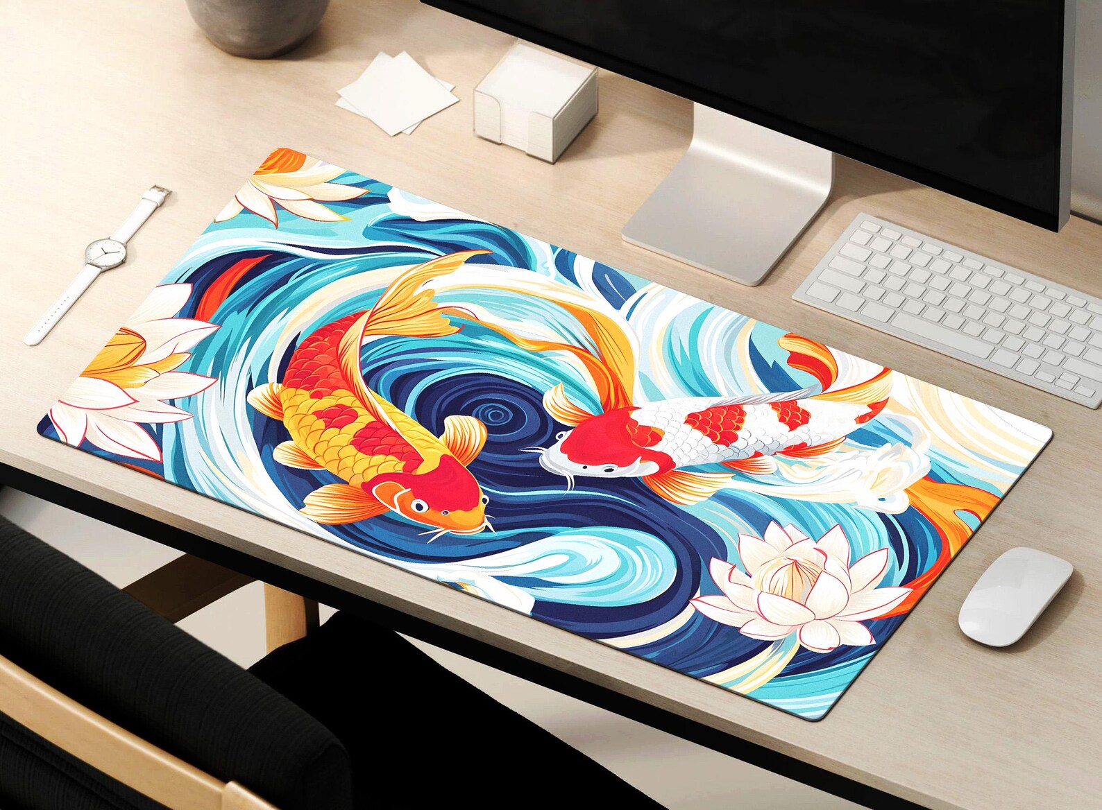 Koi Fish Desk Mat , Lofi Cute Japanese Mouse Pad, Anime Fish Gaming Mat ...