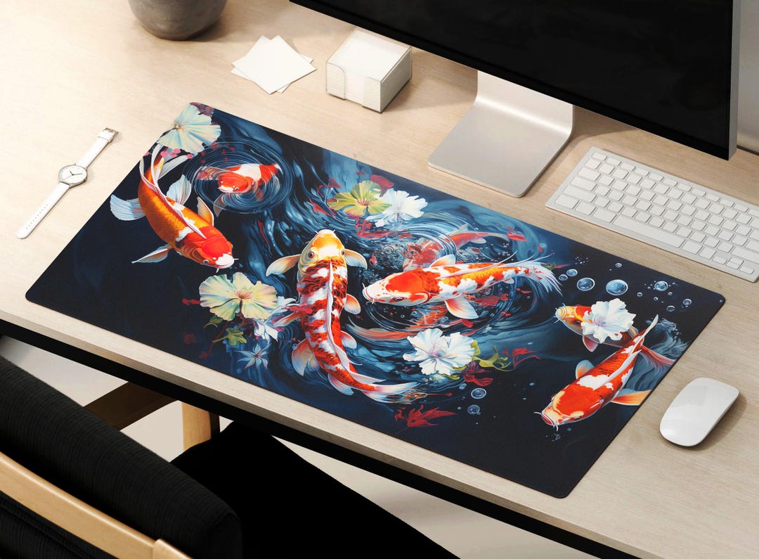 Koi Fish Desk Mat , Lofi Cute Japanese Mouse Pad, Anime Fish Gaming Mat ...
