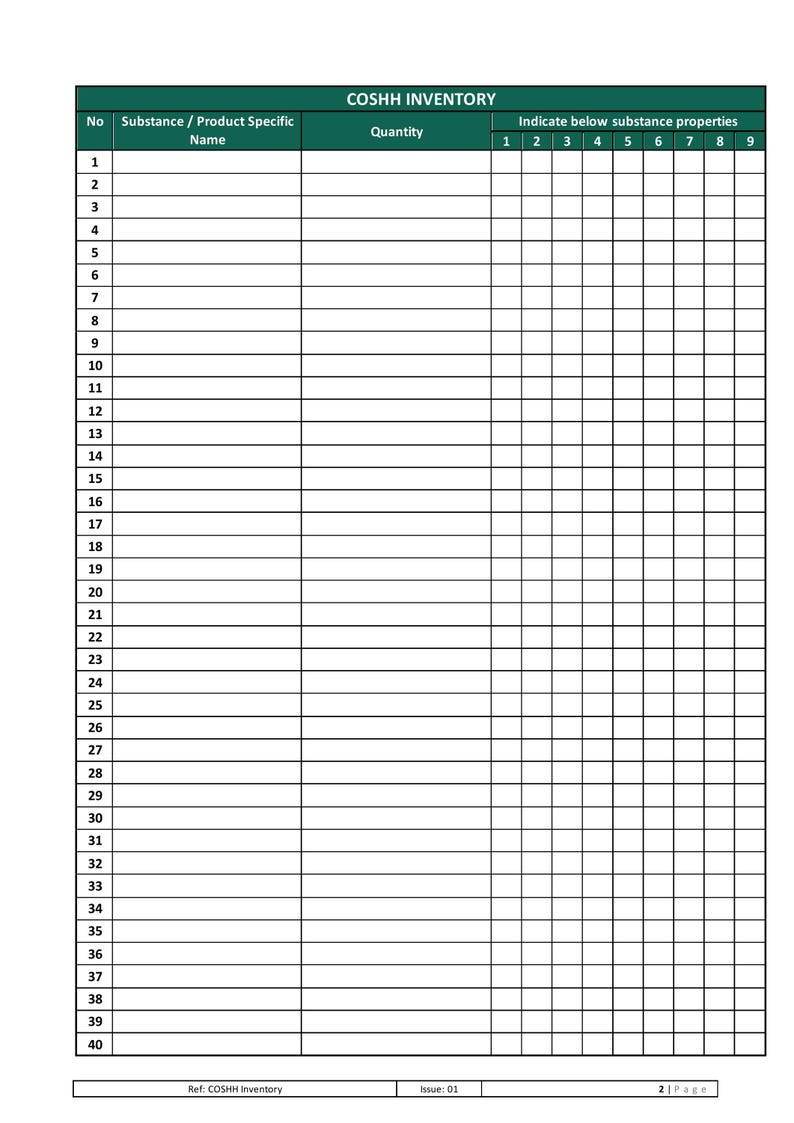 COSHH Inventory Register Template PDF & Word Format Health and Safety ...