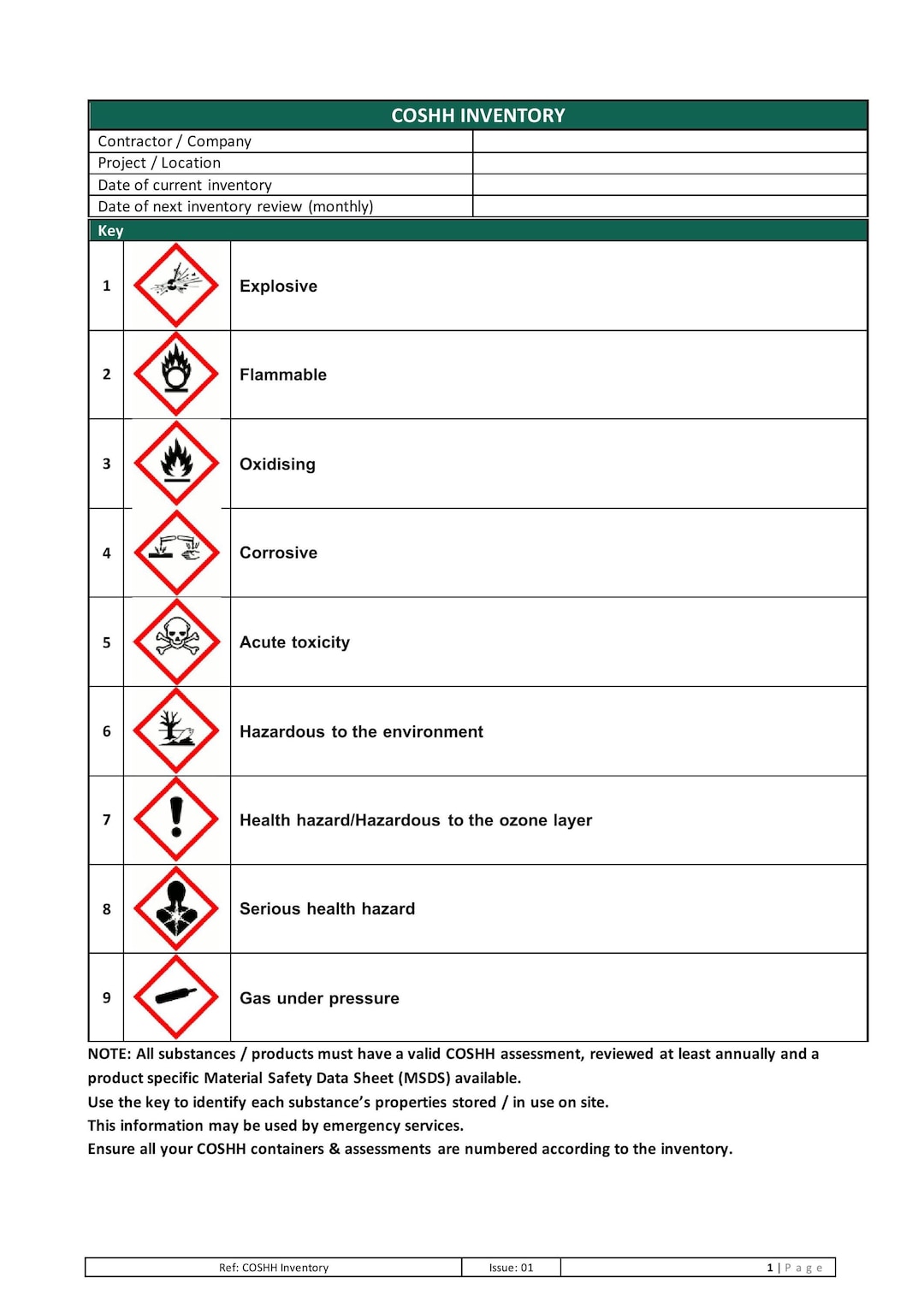 COSHH Inventory Register Template PDF & Word Format Health and Safety ...