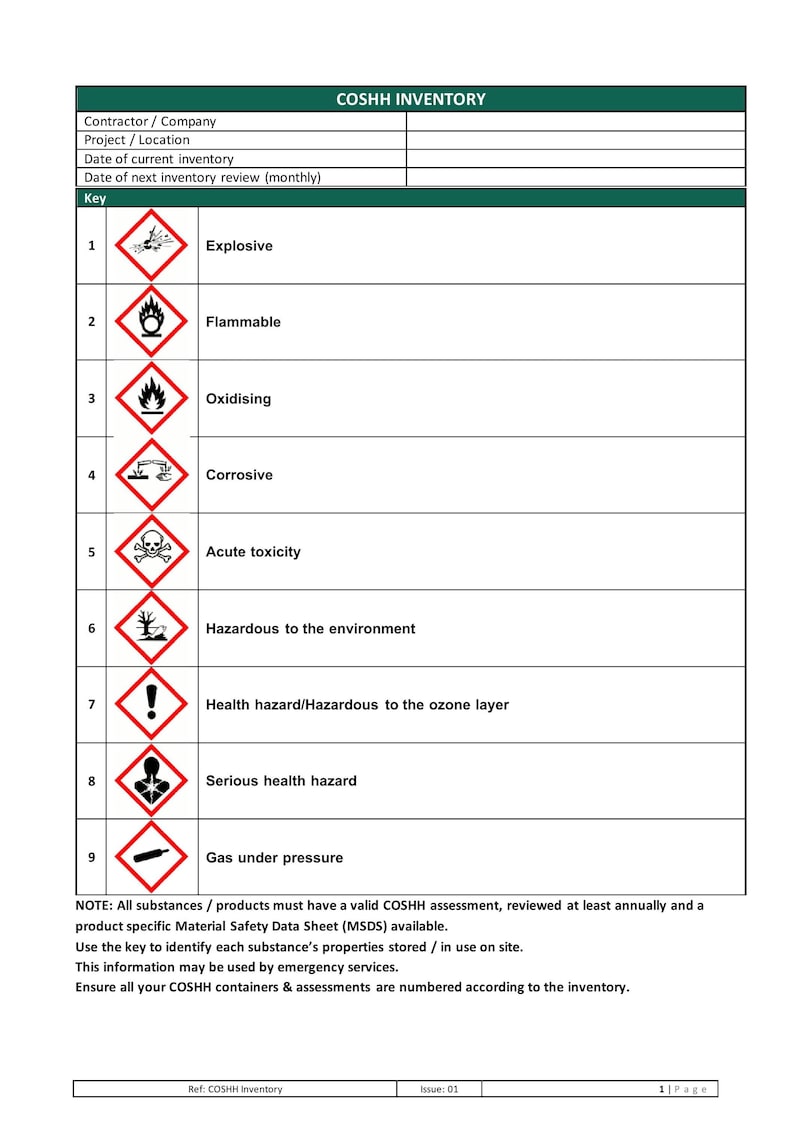 COSHH Inventory Register Template PDF & Word Format Health and Safety ...