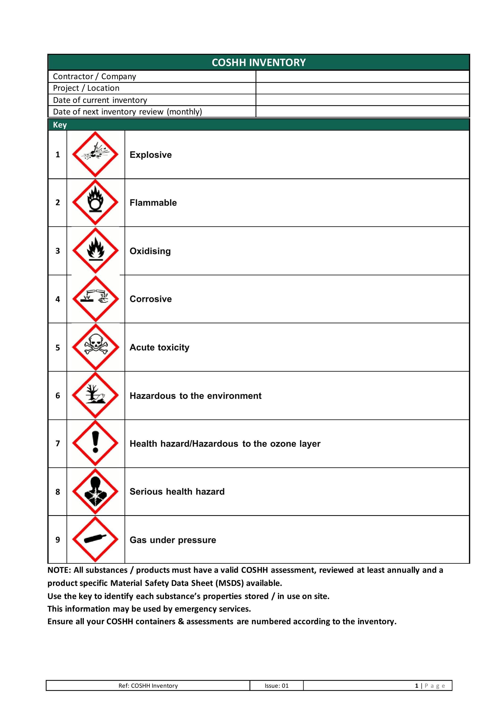COSHH Inventory Register Template PDF & Word Format Health and Safety ...