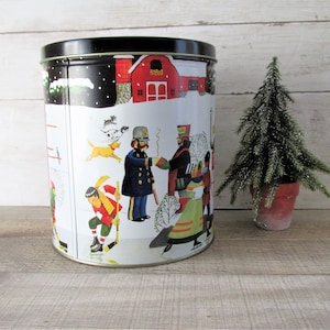 Christmas Popcorn Tin Snow Scene Whistlestick Pond Sledding Ice Skate ...