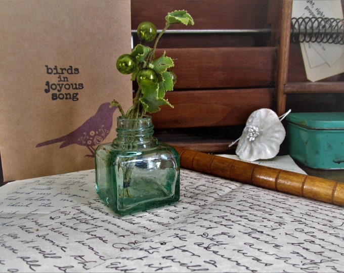 Vintage Glass Inkwell, Ink Bottle, Square Bottle, Glass Ink Pot, Green ...