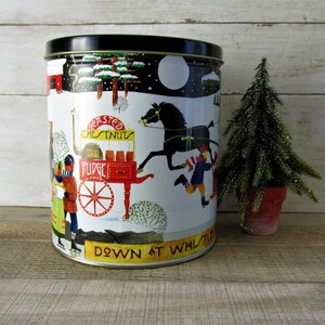 Christmas Popcorn Tin Snow Scene Whistlestick Pond Sledding Ice Skate ...