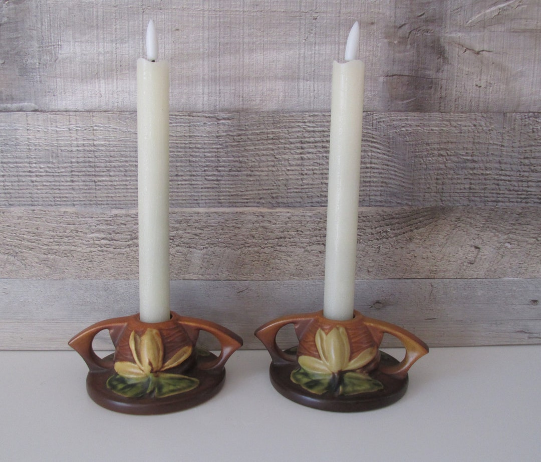 Roseville Pottery Candlesticks Water Lily Pattern Terracotta Brown With ...