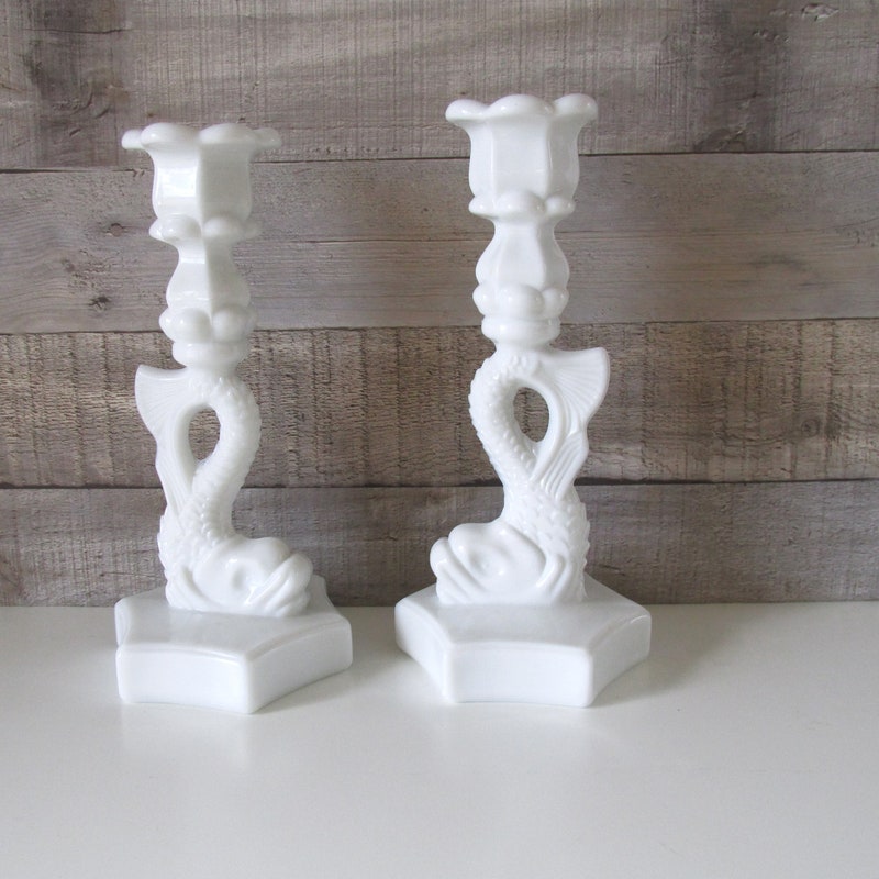 Milk Glass Dolphin Candlesticks - Etsy
