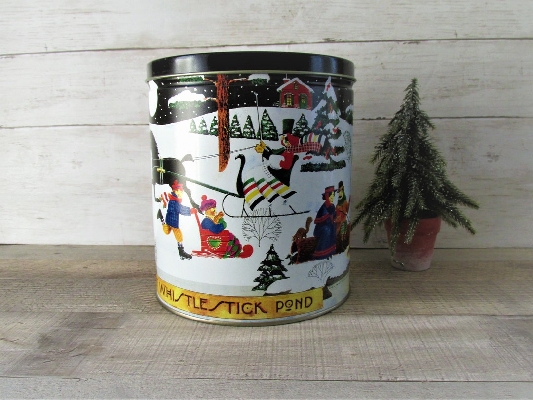 Christmas Popcorn Tin Snow Scene Whistlestick Pond Sledding Ice Skate ...