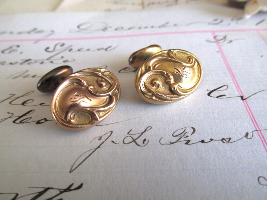 Antique Gold Plated Victorian Art Nouveau Style Cufflinks Buttons Pair ...