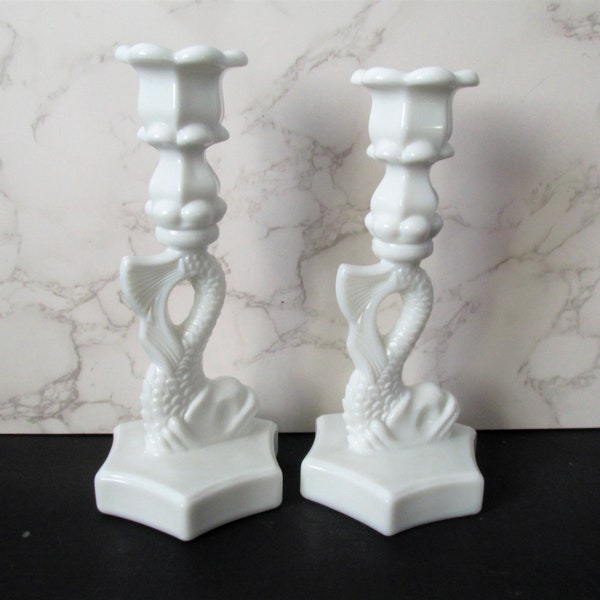 Milk Glass Dolphin Candlesticks - Etsy