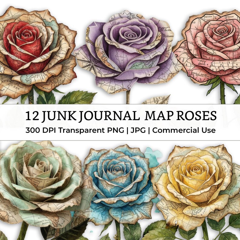 Clipart de rosas y flores con mapas recortados de técnica mixta para ...