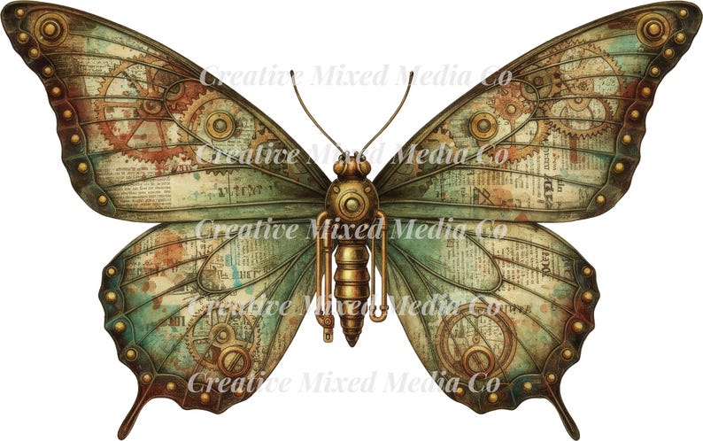 Mixed Media Steampunk Butterfly Clipart Bundle | Vintage Ephemera Fussy ...