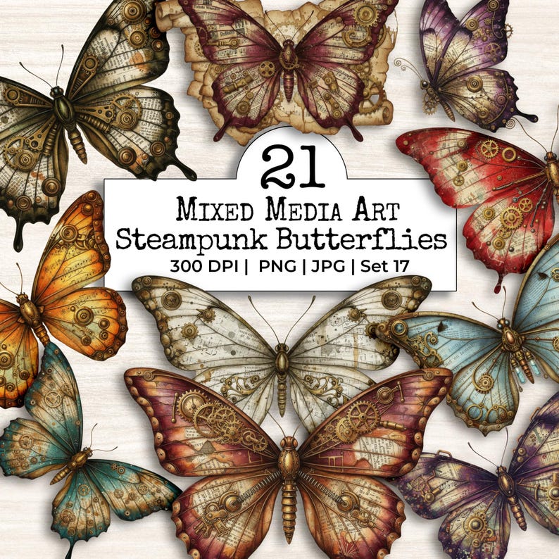 Mixed Media Steampunk Butterfly Clipart Bundle | Vintage Ephemera Fussy ...
