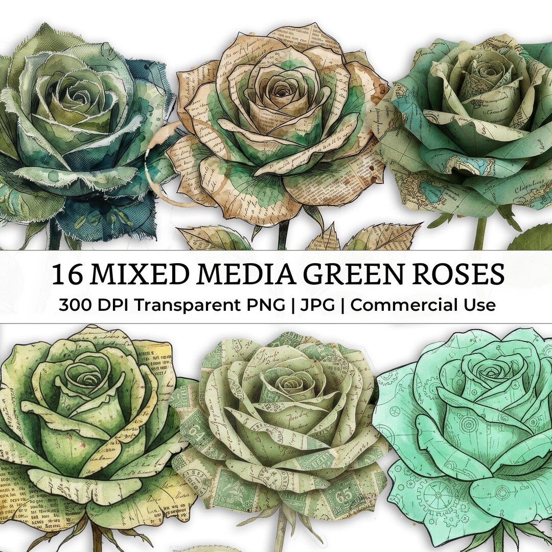16 Mixed Media Green Roses Clipart, Text Watercolor Grunge Distressed ...