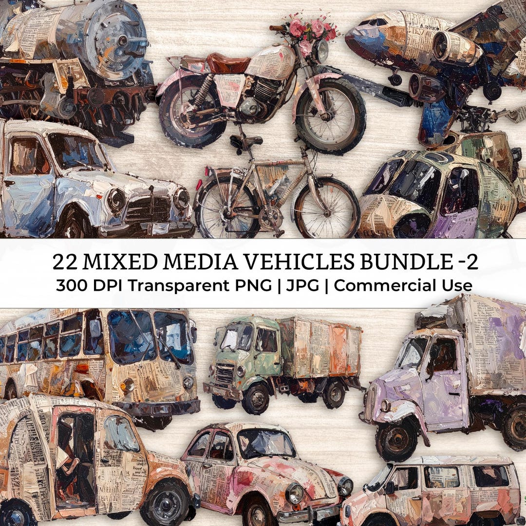 Vintage Mixed Media Vehicle Clipart Set -2, Text Watercolor Grunge ...