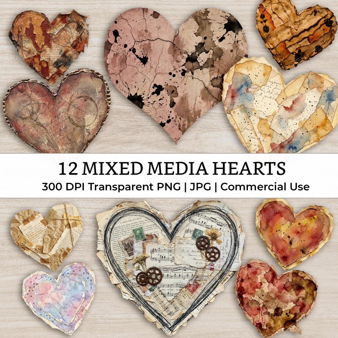Mixed Media Hearts Clipart Text Watercolor Grunge Distressed, Ink ...