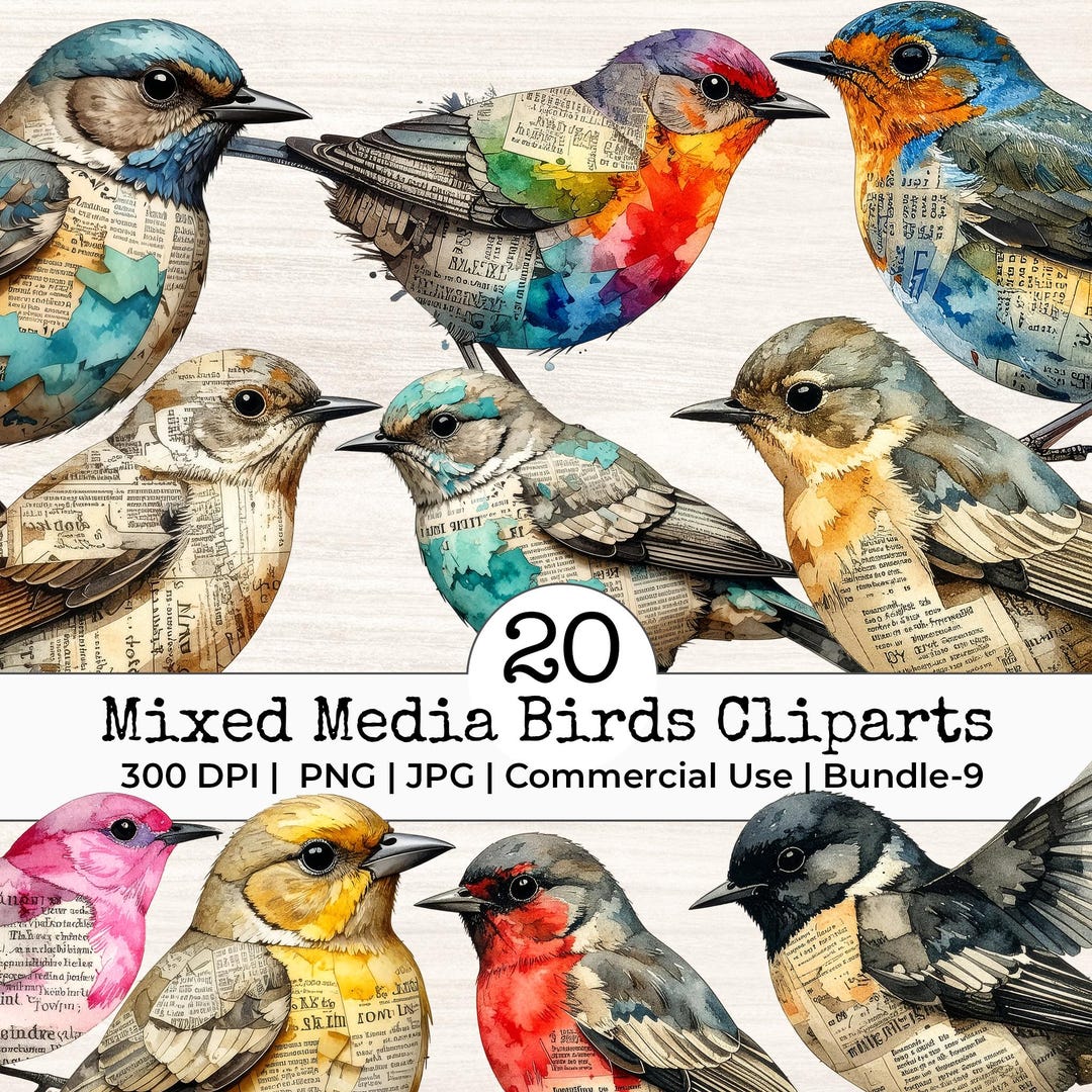 Mixed Media Fussy Cut Birds Clipart –junk Journal Distressed Watercolor ...