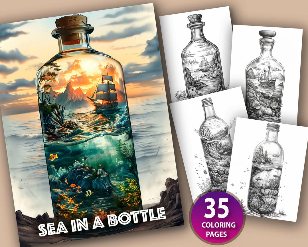 35 Sea in a Bottle Coloring Pages Adult and Kids Coloring Book, Instant ...