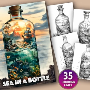 35 Sea in a Bottle Coloring Pages Adult and Kids Coloring Book, Instant ...
