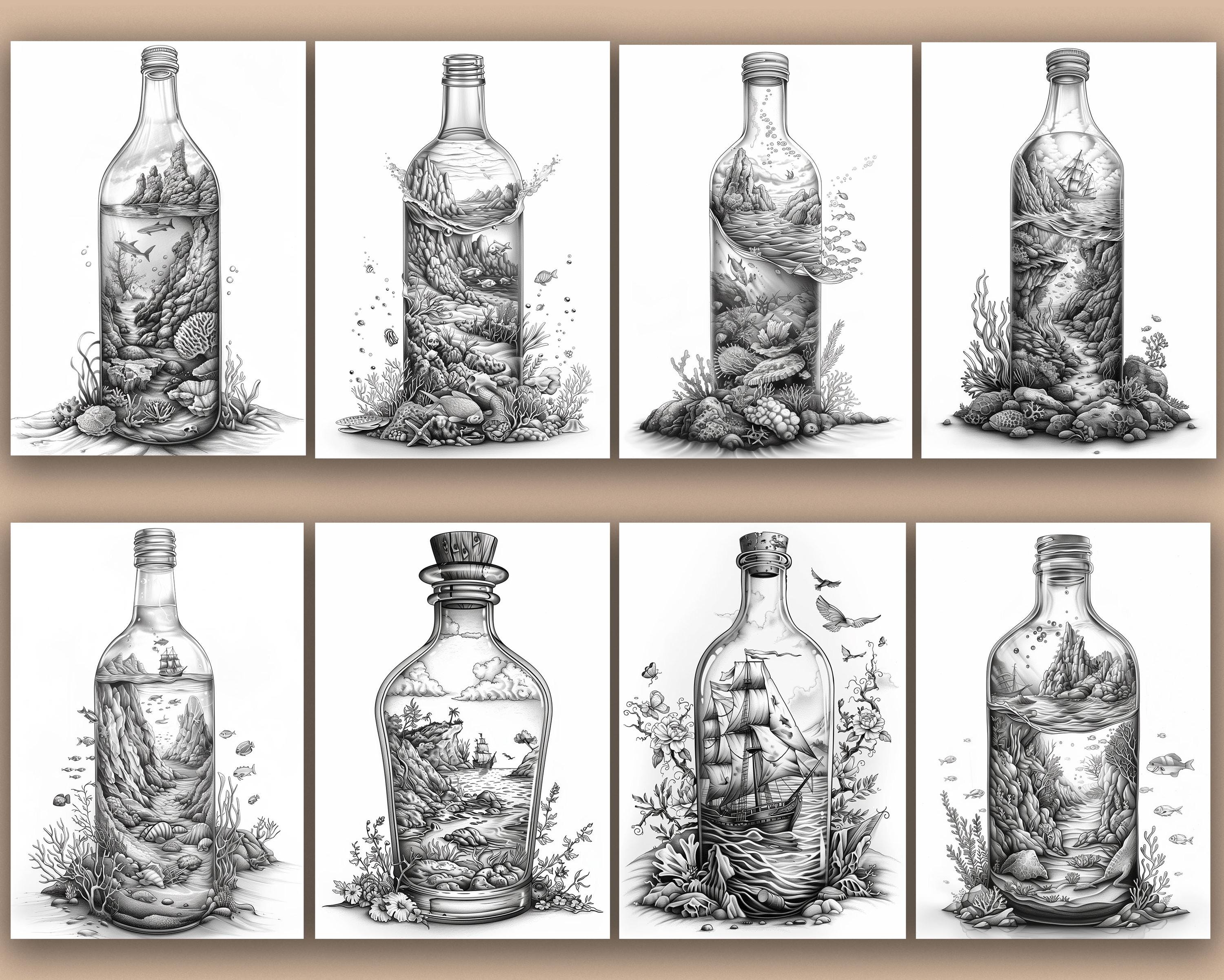 35 Sea in a Bottle Coloring Pages Adult and Kids Coloring Book, Instant ...