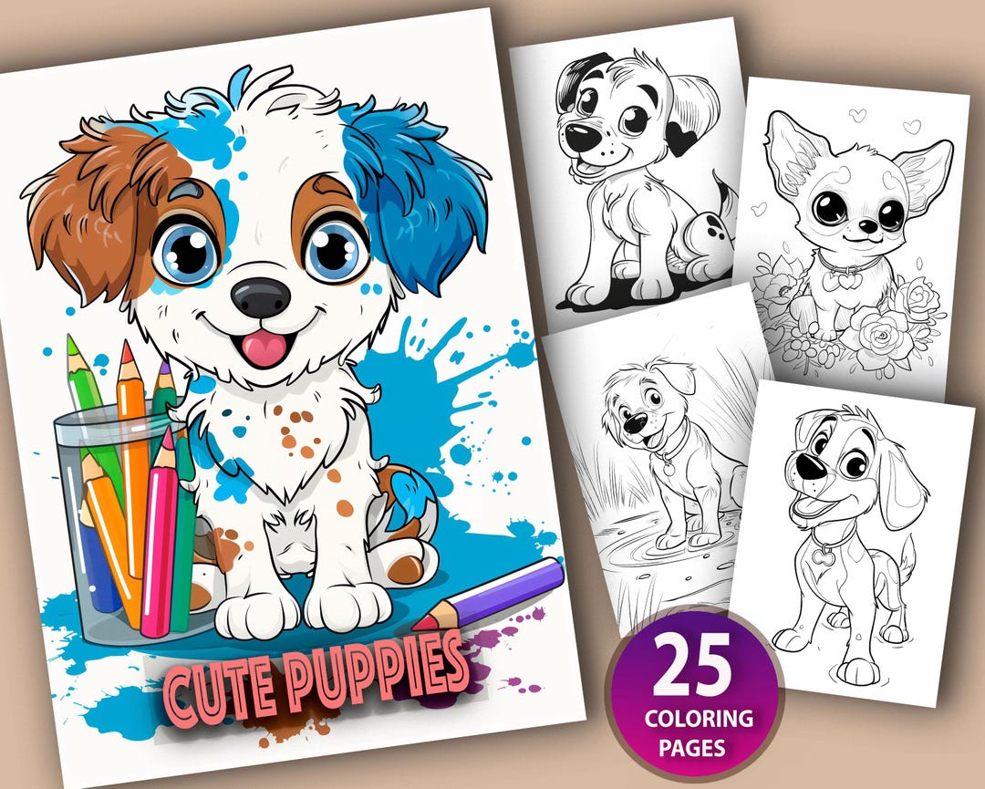 25 Cute Pupies Coloring Pages Adult and Kids Coloring Book, Instant ...