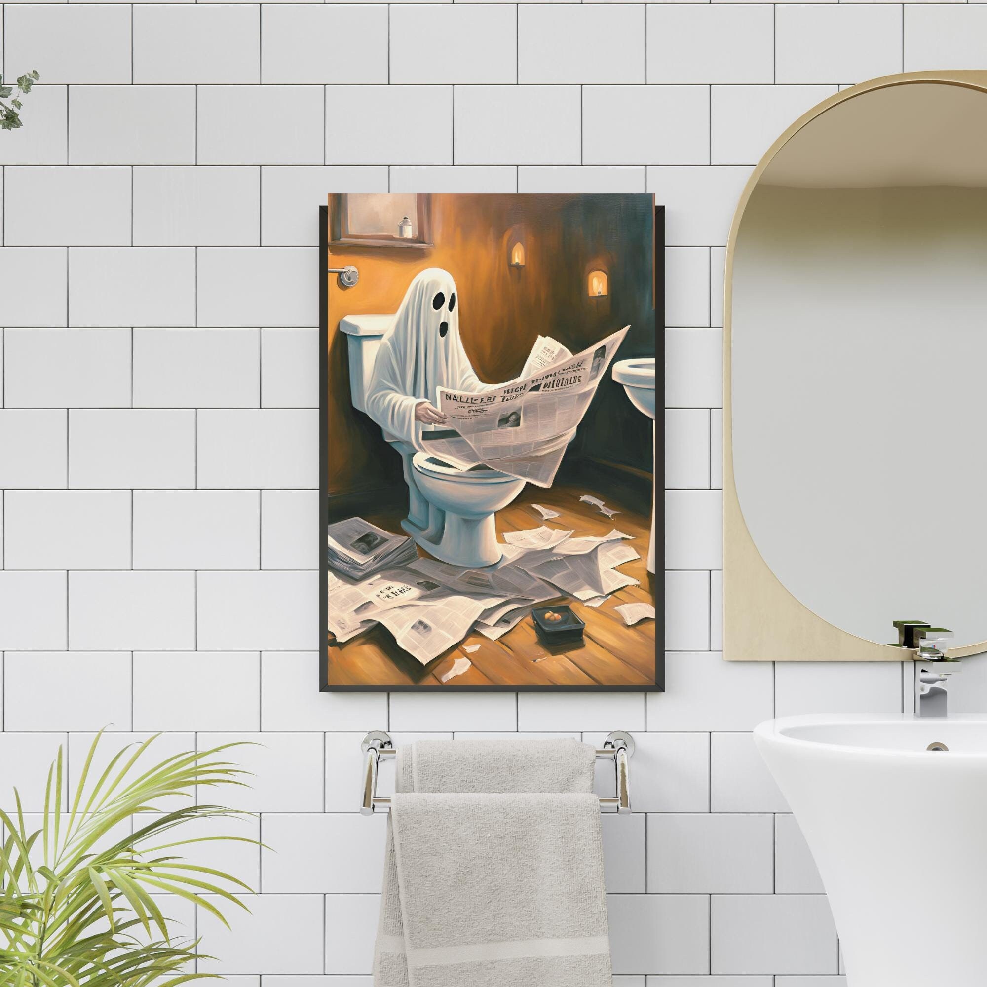 Retro Ghost Reading Newspaper Print: Whimsical Gothic Halloween Art ...