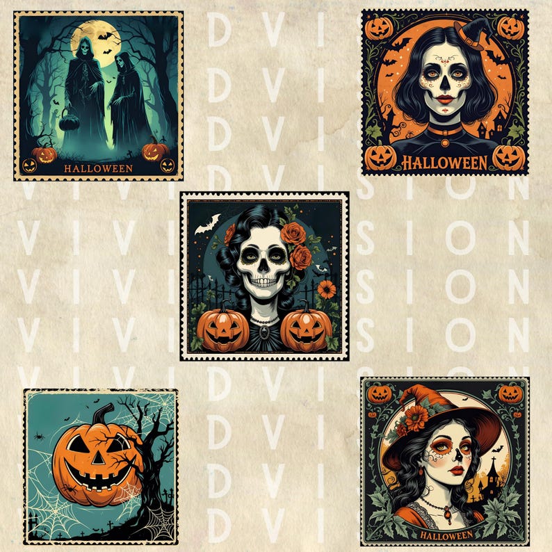 Vintage Halloween Postage Stamp Clipart: Retro Spooky Art (PNG, SVG ...