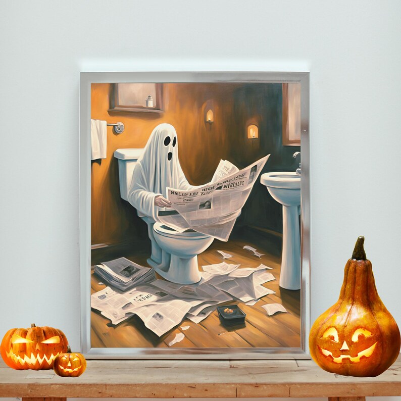 Retro Ghost Reading Newspaper Print: Whimsical Gothic Halloween Art ...