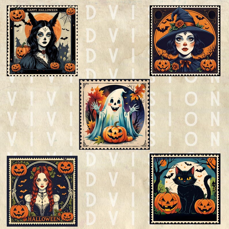 Vintage Halloween Postage Stamp Clipart: Retro Spooky Art (PNG, SVG ...