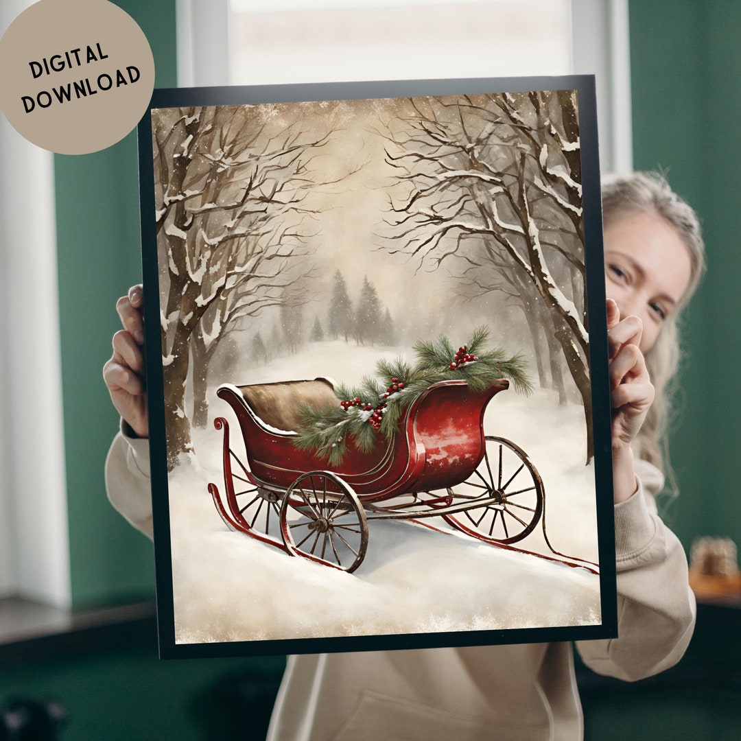 Vintage Winter Sleigh Printable, Rustic Christmas Art, Winter Scene ...