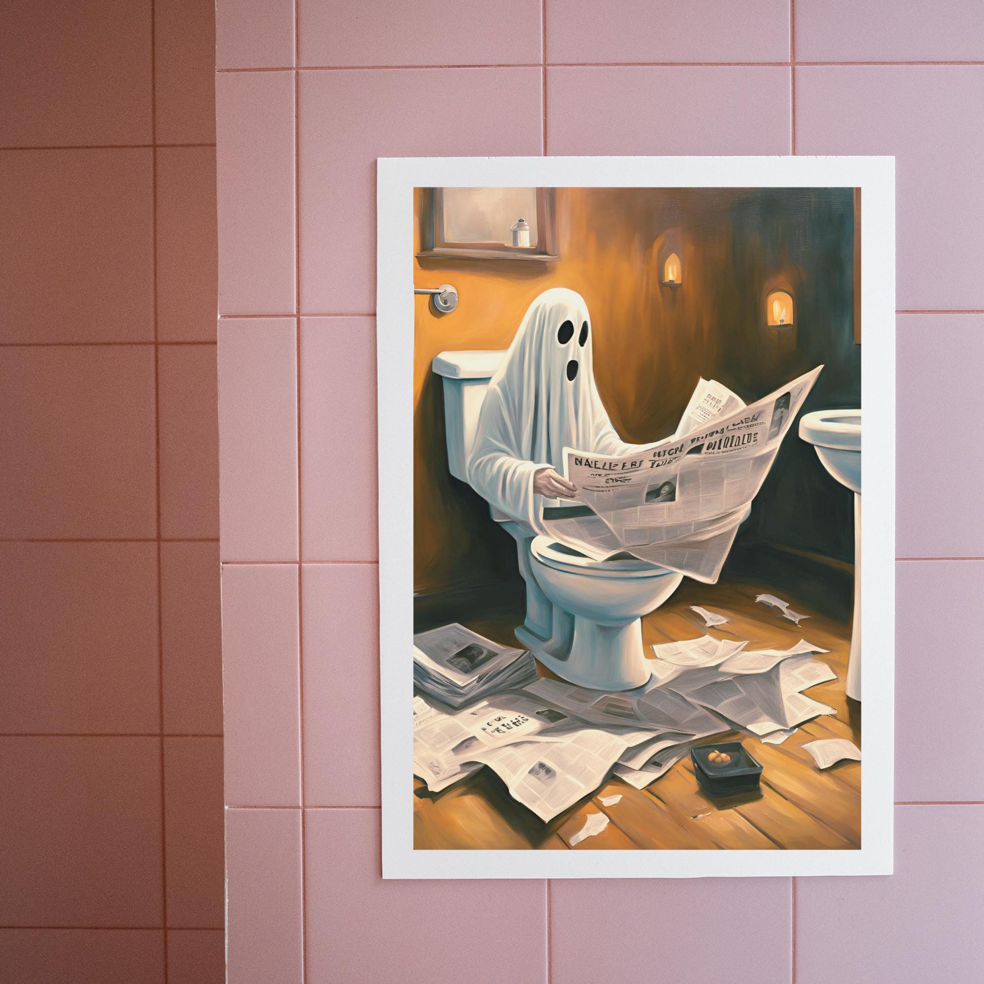 Retro Ghost Reading Newspaper Print: Whimsical Gothic Halloween Art ...