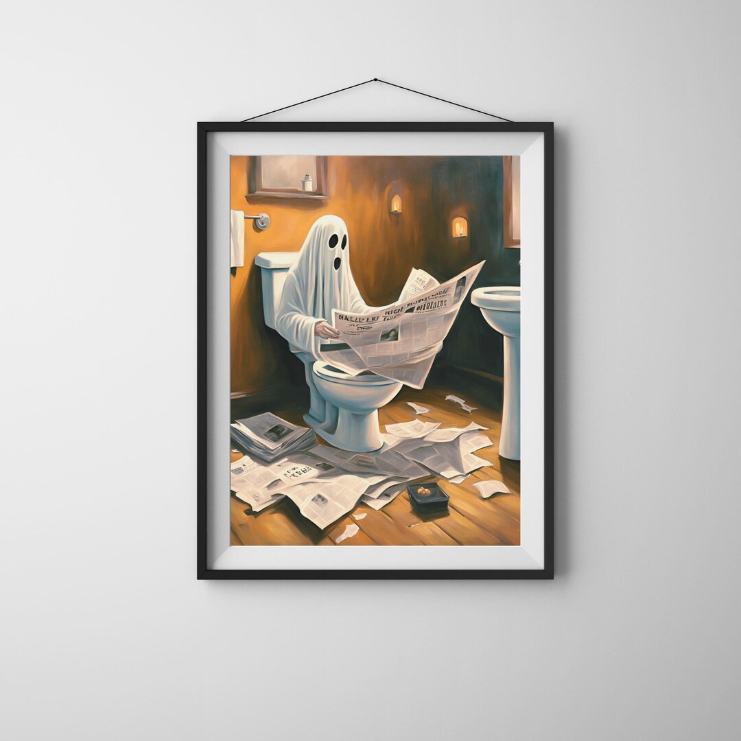 Retro Ghost Reading Newspaper Print: Whimsical Gothic Halloween Art ...