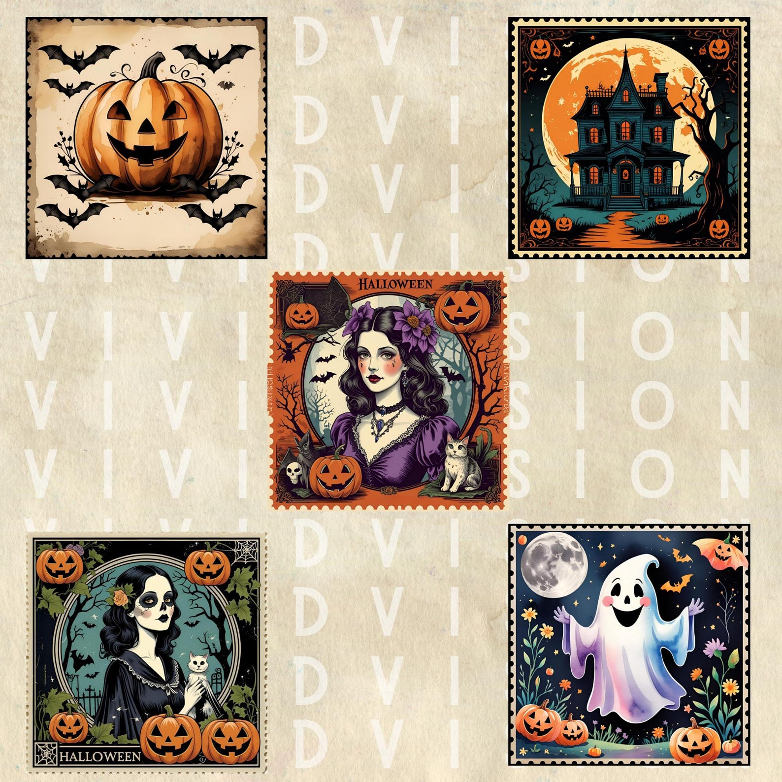 Vintage Halloween Postage Stamp Clipart: Retro Spooky Art (PNG, SVG ...