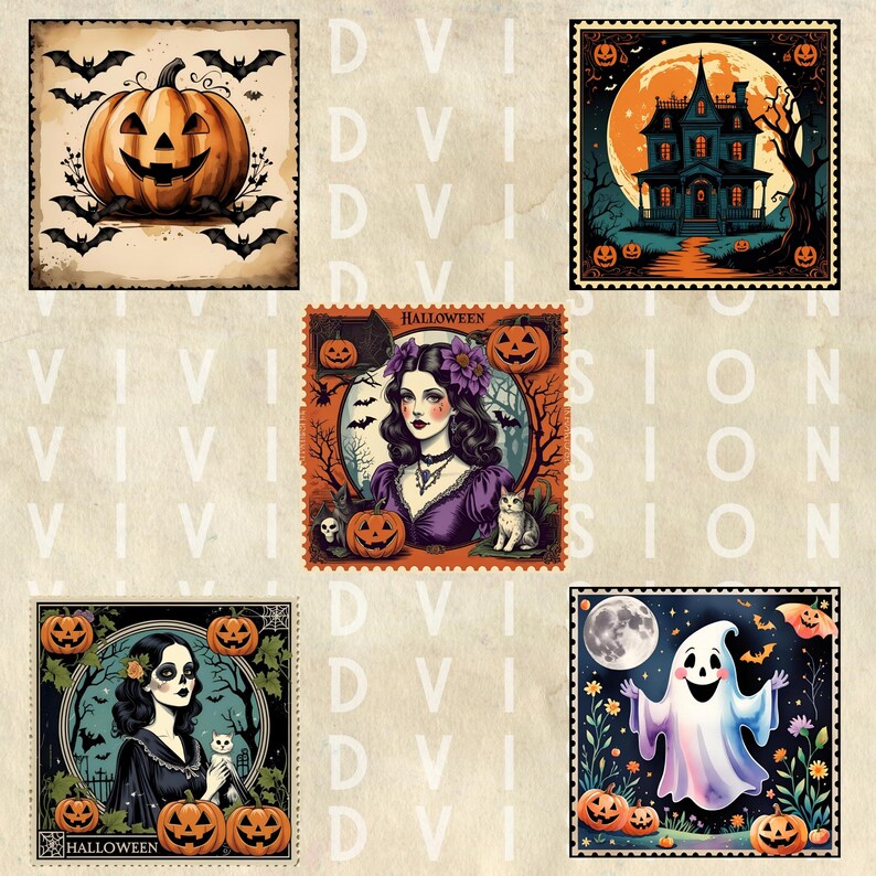 Vintage Halloween Postage Stamp Clipart: Retro Spooky Art (PNG, SVG ...