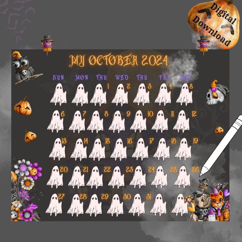 October 2024 Calendar, Cute Spooky Halloween 2024 Planner, Cute ...