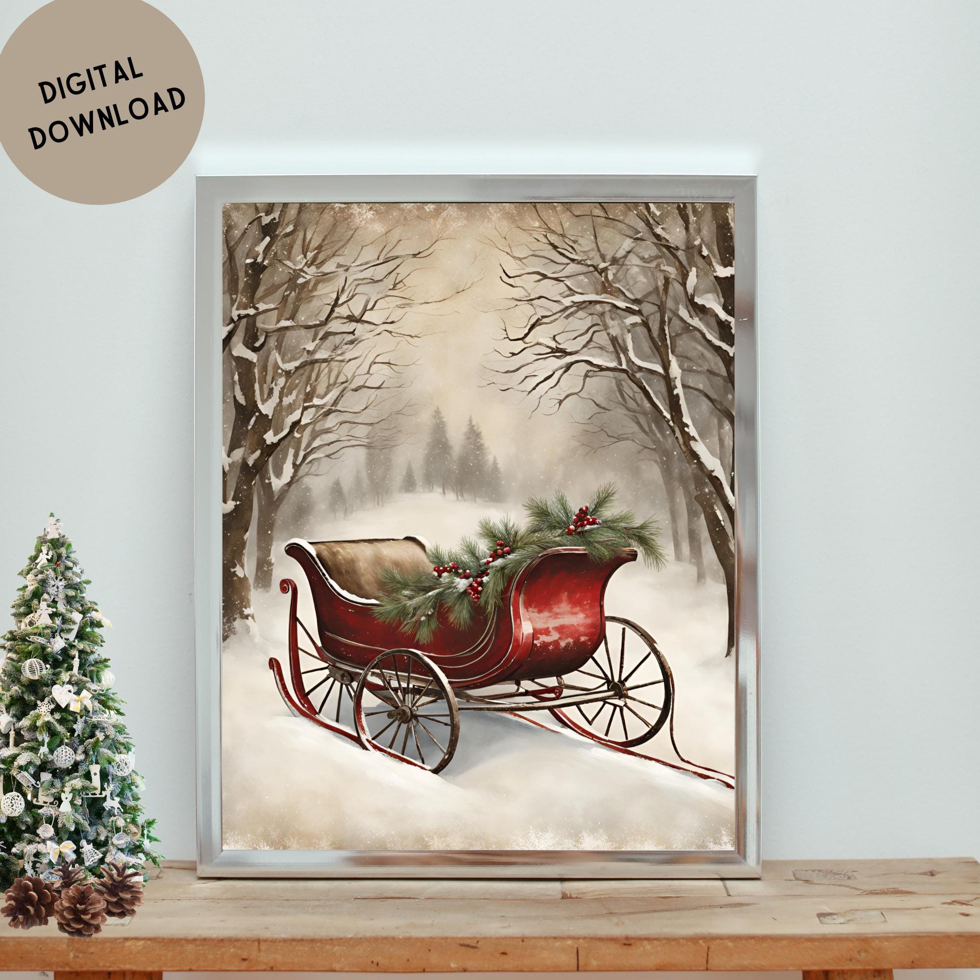 Vintage Winter Sleigh Printable, Rustic Christmas Art, Winter Scene ...