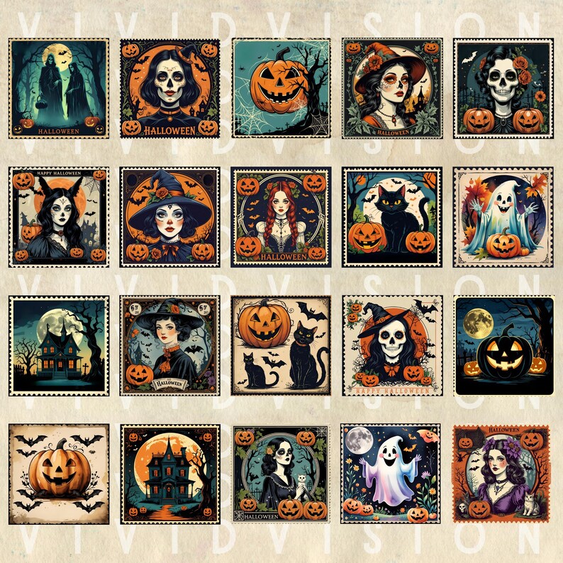 Vintage Halloween Postage Stamp Clipart: Retro Spooky Art (PNG, SVG ...