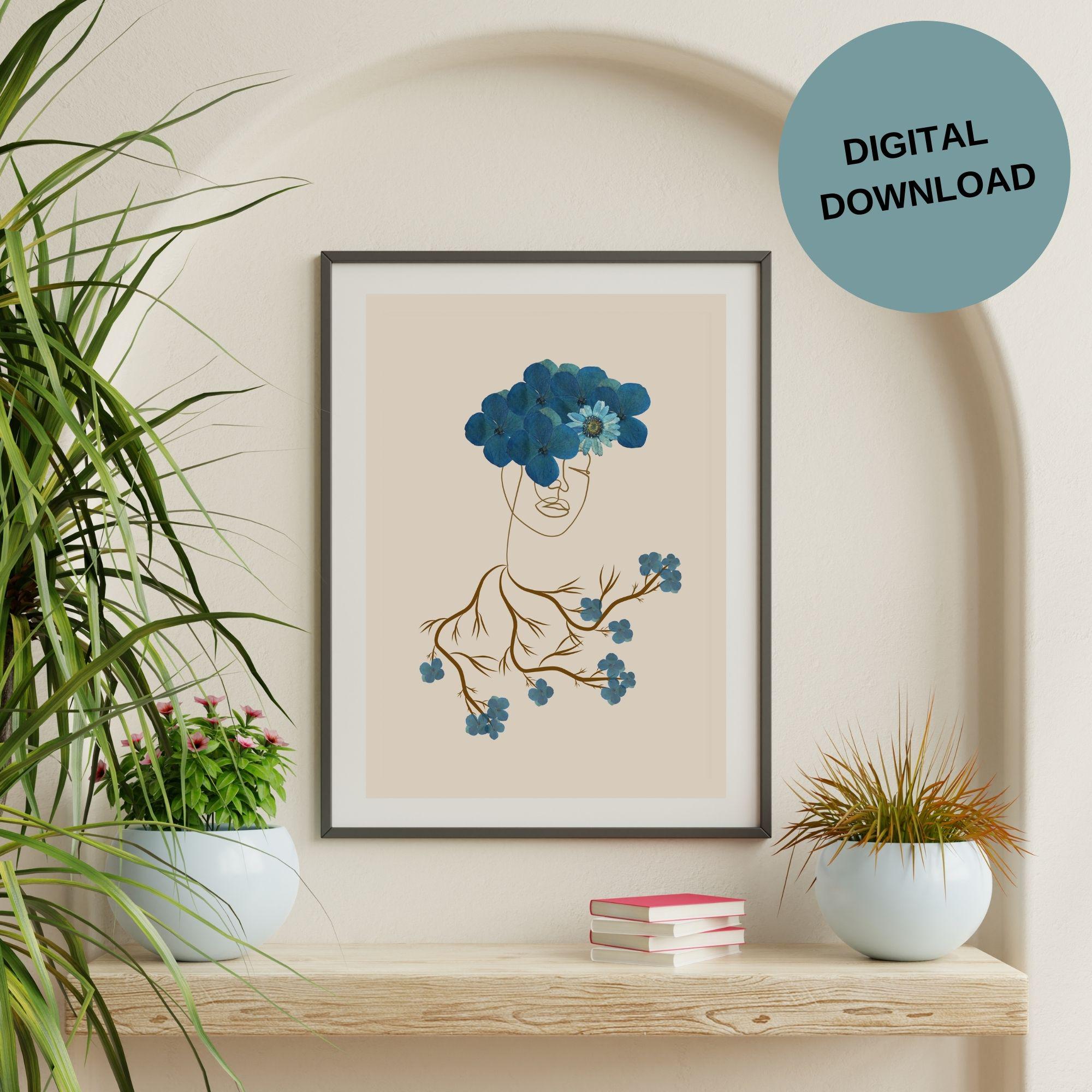 Boho Woman Art Print | Minimalist Line Drawing | Boho Floral Poster ...