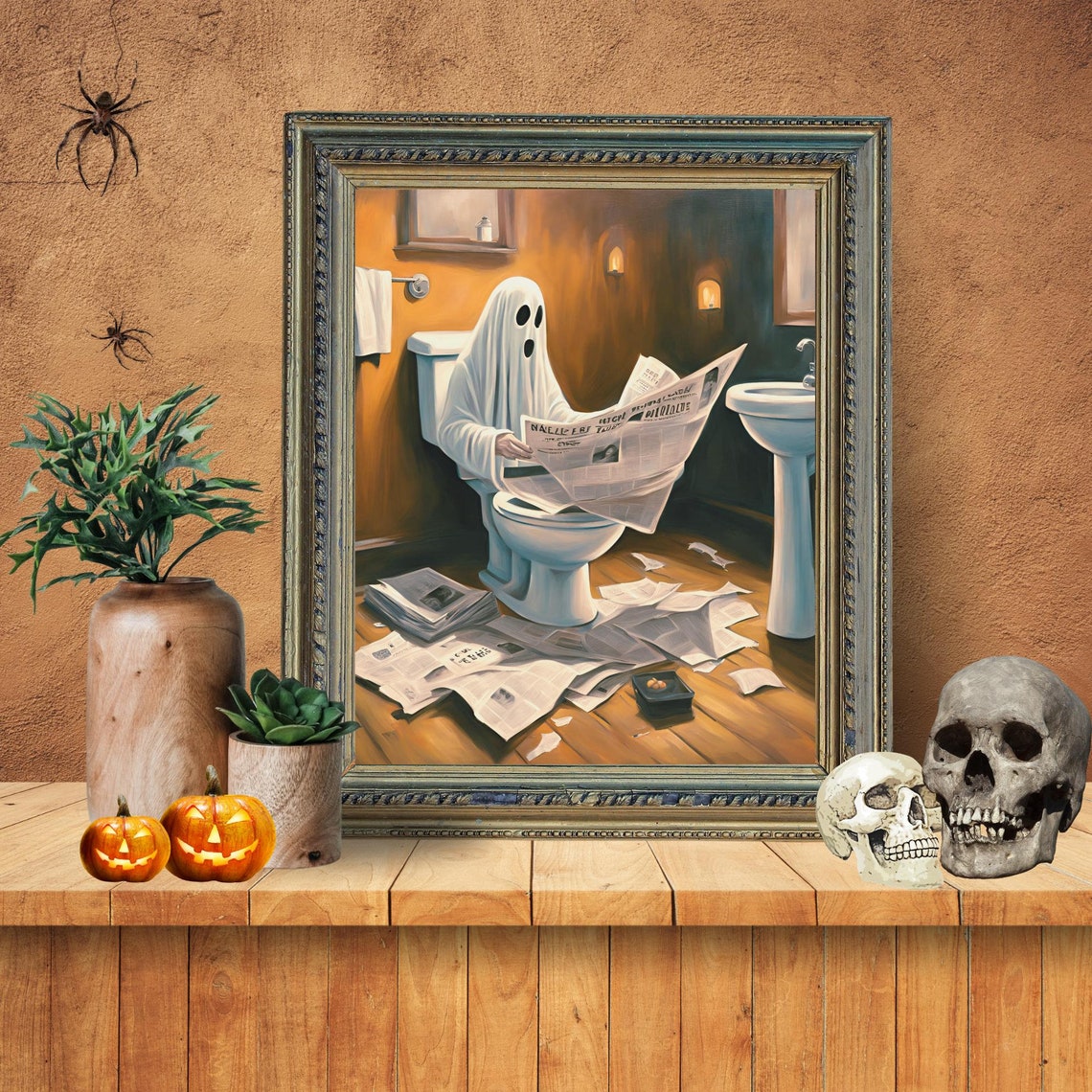 Retro Ghost Reading Newspaper Print: Whimsical Gothic Halloween Art ...