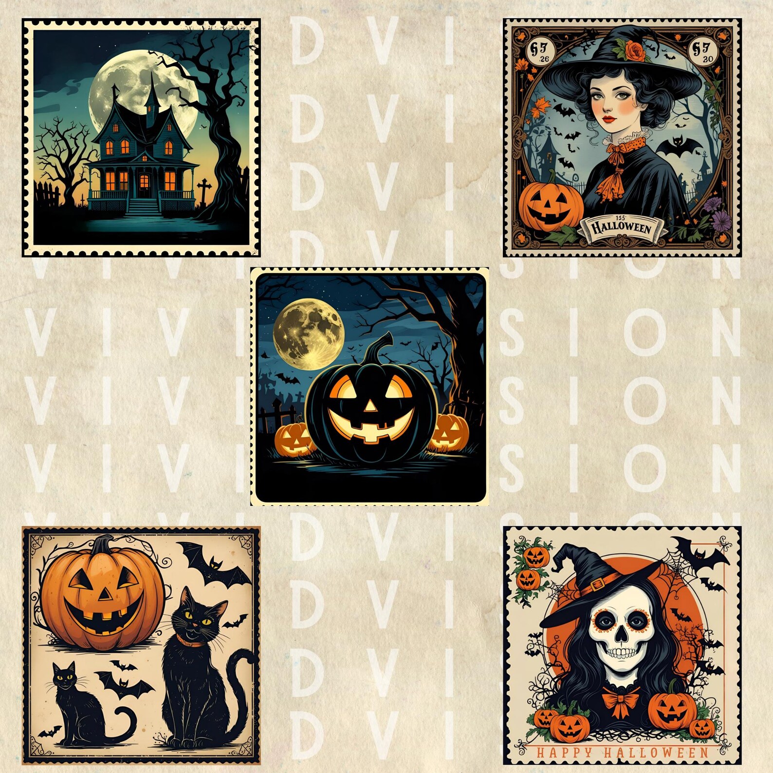 Vintage Halloween Postage Stamp Clipart: Retro Spooky Art (PNG, SVG ...
