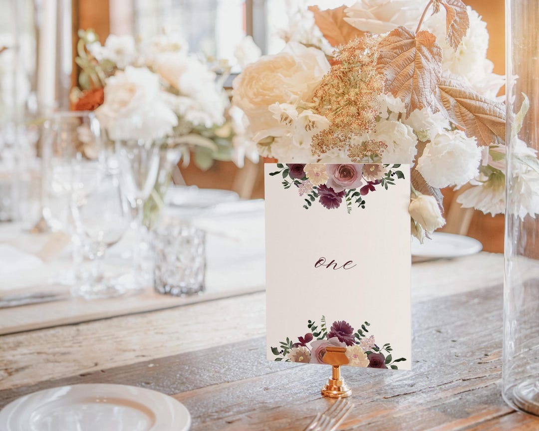 Boho Floral Table Number Template: Burgundy Wedding DIY (canva Editable ...