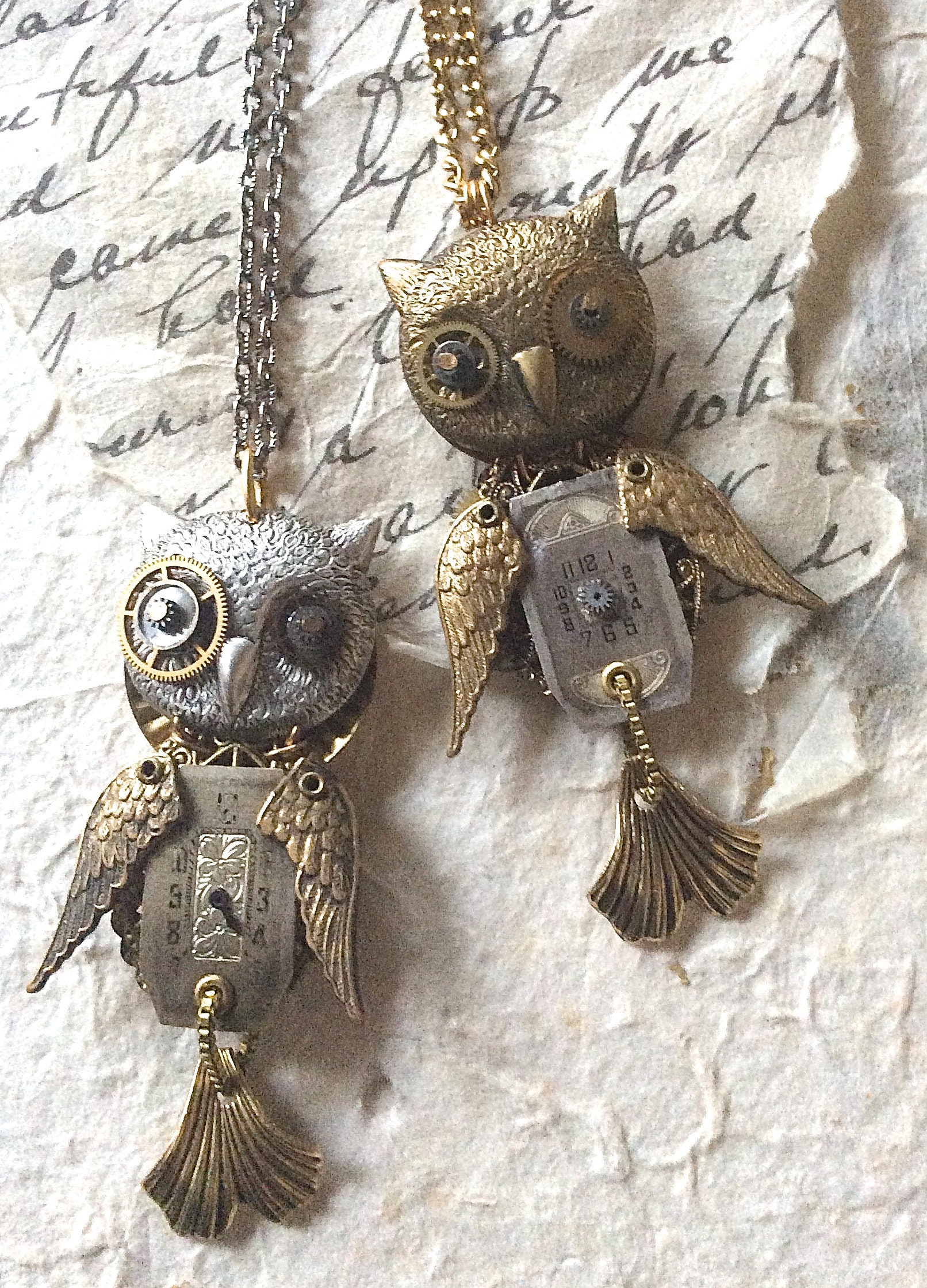 Owl Necklace on Chain, Owls With Movable Wings and Tail, Steampunk ...