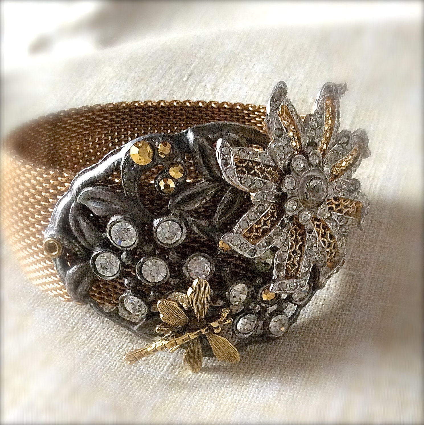 Bangle Jeweled Bracelet, Jewelry Assemblage, Dragonfly Jeweled Bracelet ...